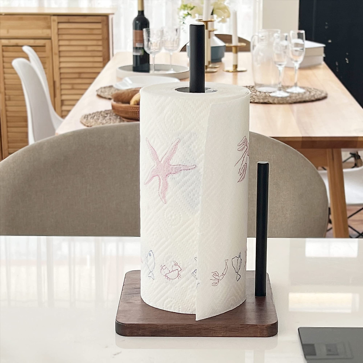 Black Paper Towel Holder Stand with Exquisite Wood Square Base, Niffgaff Free-Standing Paper Towel Roll Dispenser for Kitchen Countertop, Fits Standard and Jumbo Size Rolls