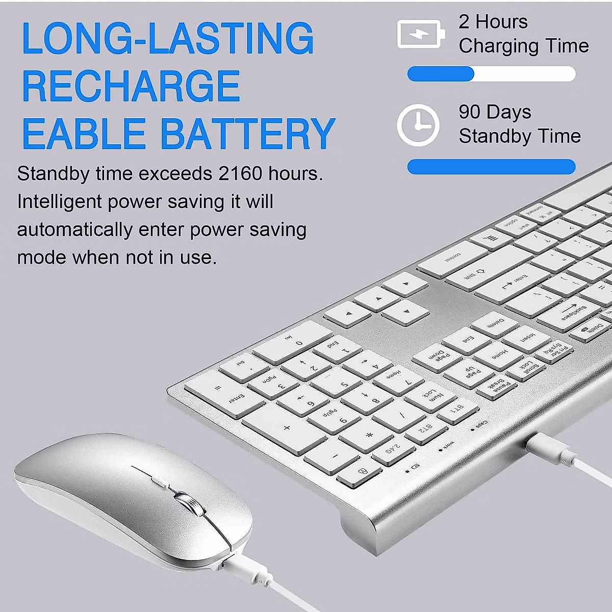 UrbanX Plug and Play Compact Rechargeable Wireless Bluetooth Full Size Keyboard and Mouse Combo for Microsoft Surface Duo 2 Supports Windows, macOS, iPadOS, Android, PC, Mac, Laptop, Tablet -White