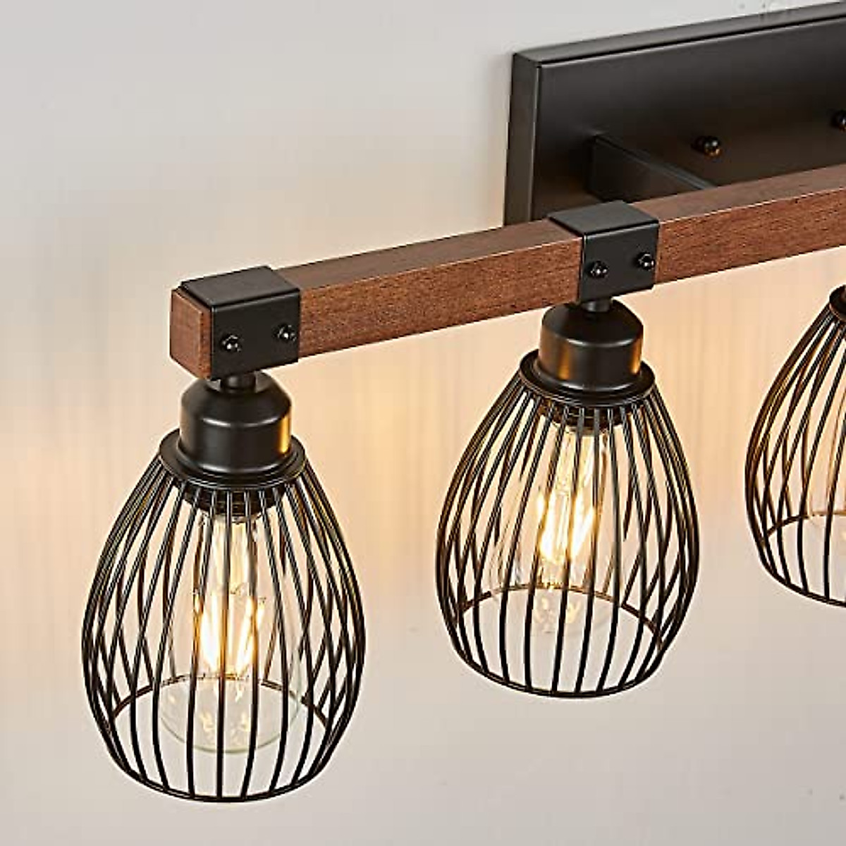 MZMHD 5-Light Farmhouse Bathroom Light Fixtures,Rustic Wood Cage Vanity Lights,Industrial Black Wall Sconce Lighting Over Mirror,Hallway,Bedroom