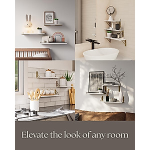 BAYKA Wall Shelves for Bedroom Decor, Floating Wall Shelves for Living Room Kitchen Storage, Wall Mounted Rustic Wood Shelves for Kids Books, Small Shelf for Bathroom(White and Gold，Set of 3)