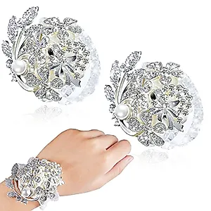 MTLEE 2 Pieces Rhinestone Wrist Corsage Wristlet Bracelet Silk Wrist Flower with Peal and Diamond for Wedding Bridesmaid Bridal Shower Prom Party(Silver Ivory)