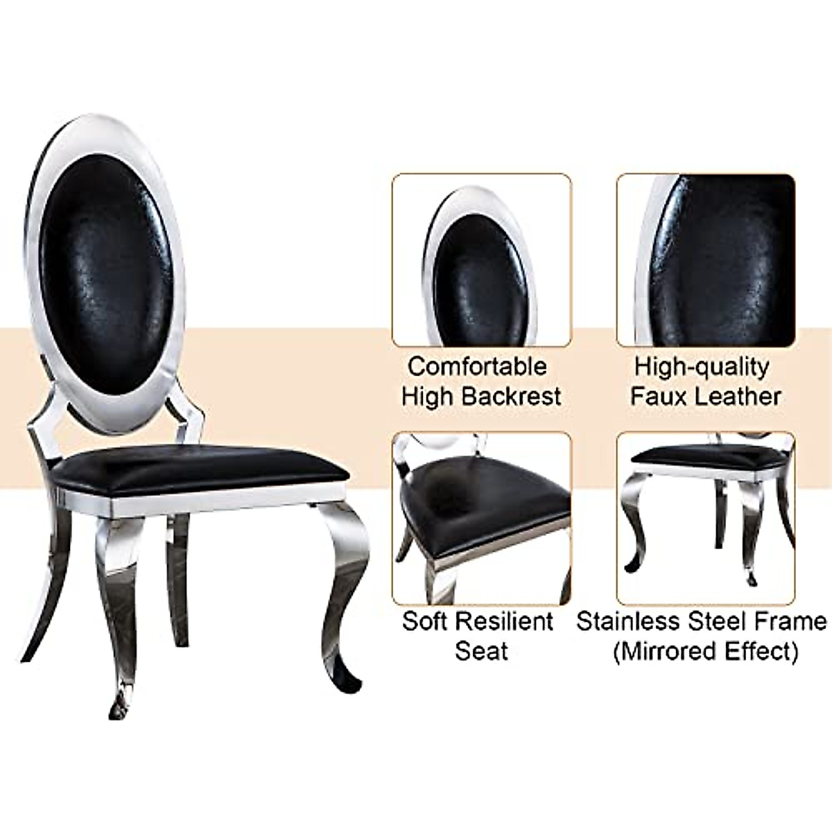 Goderfuu Dining Chairs Set of 4 - Modern Dining Chairs with Silver Stainless Steel Legs, Faux Leather Dining Chairs with Oval Back, Upholstered Dining Chairs Kitchen Chairs for Dining Room Chairs