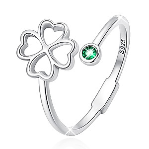 MUNDELL 925 Sterling Silver Simple Four Leaf Clover Adjustable Ring Green Zircon Lucky Statement Rings for Women Stacking Rings Fashion Jewelry