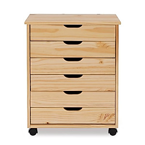 Linon Callie Multipurpose Six Drawer Dresser Wide Wood Rolling File Cabinet Storage Cart in Natural