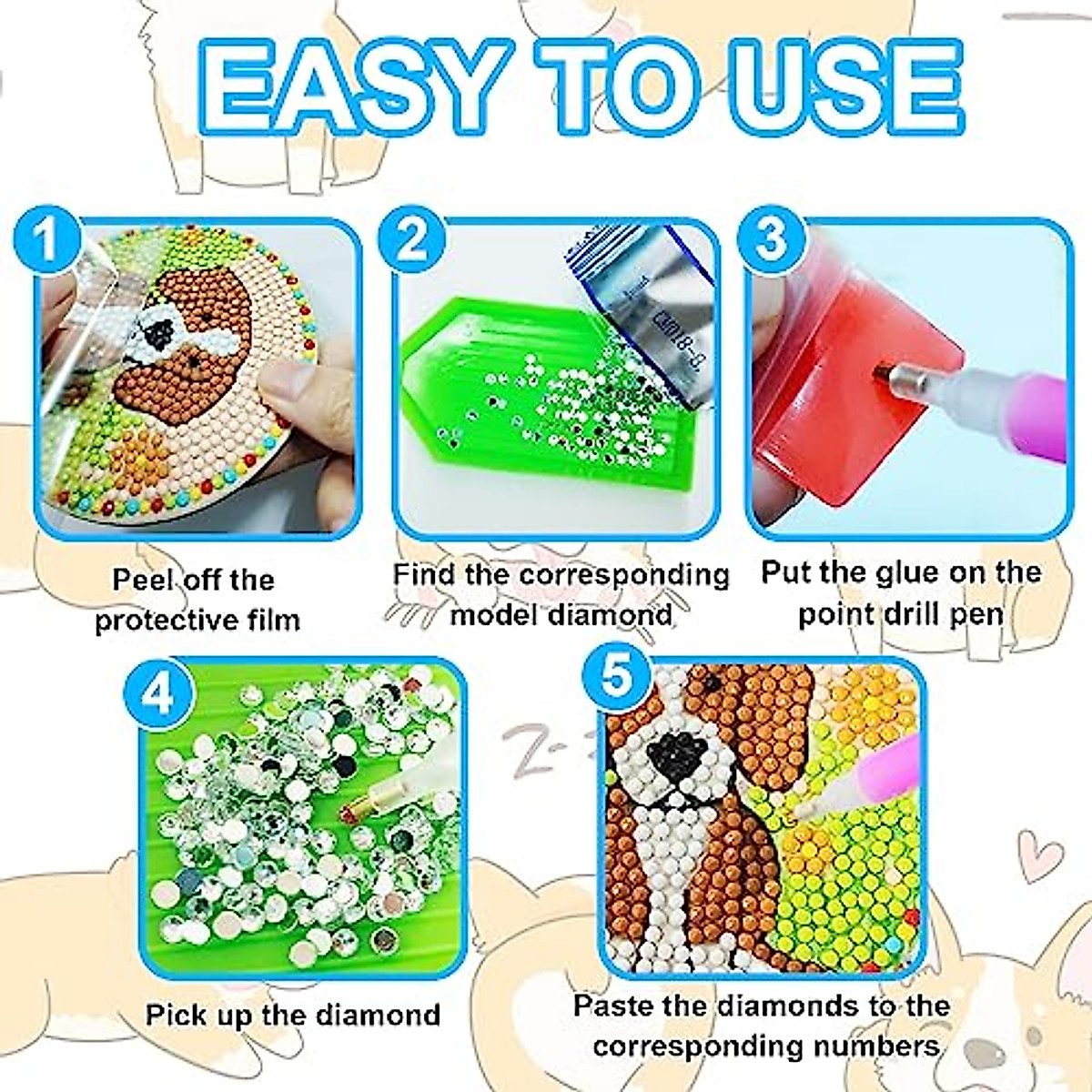 SUUYOO 8 Pcs Diamond Painting Coasters with Holder, Cute Dog Diamond Art Coasters, DIY Craft Kits for Adults, Small Diamond Art Coasters Kit for Kids Beginners