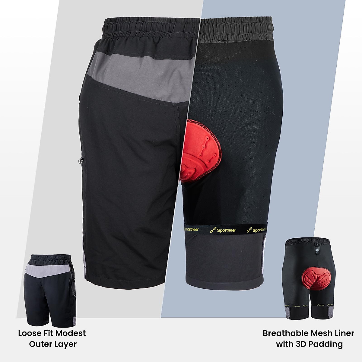 Sportneer Mens Mountain Bike Shorts - 3D Padding MTB Cycling Shorts for Men with Liner and Loose Fit (Large, Black)