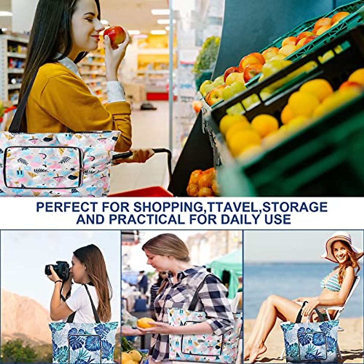 Aflngle 2-Pcs Reusable Grocery Bags with Handles Foldable Washable Shopping Bags Waterproof Large Capacity Shopping Tote Bag