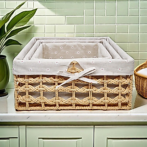GIB Wicker Storage Baskets Set of 3, Hand-Woven Paper Rope Decorative Rectangular Small Wicker Baskets for Organizing, Cube Storage Bins for Shelves, Natural