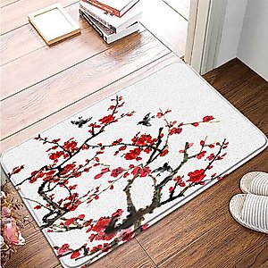 Red Floral Bath Mat Spring Blooming Cherry Blossom Flower Plum Asian Japanese Aesthetic Watercolor Traditional Weeping Branch Ink Scenery Memory Foam Bathroom Rug Indoor Carpet Doormat 24x16 Inch