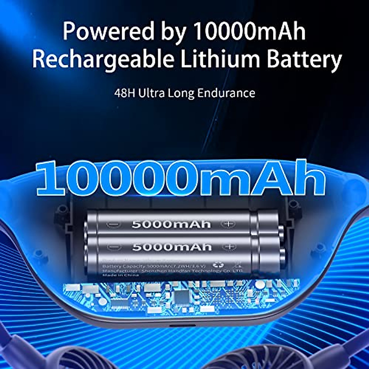 HandFan 10000mAh Portable Neck Fan Rechargeable, Wearable Personal Fans for Neck, Hands Free Necklace Fan Battery Operated, for Man Women Travel Hiking Cycling Outdoors