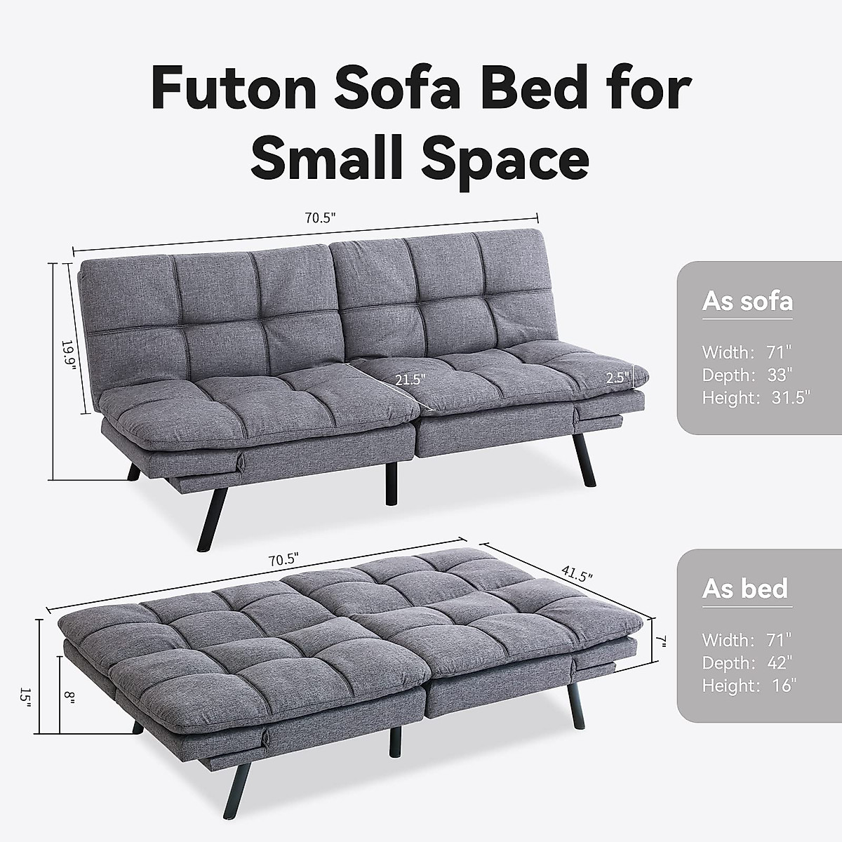 Opoiar Futon Sofa Bed Grey Fabric Memory Foam Leather Futon Split Seat,Modern Sleeper Sofa Love Seat，Folding Modern Sleeper Sofa for Small Space/Drom/Office/Apartment