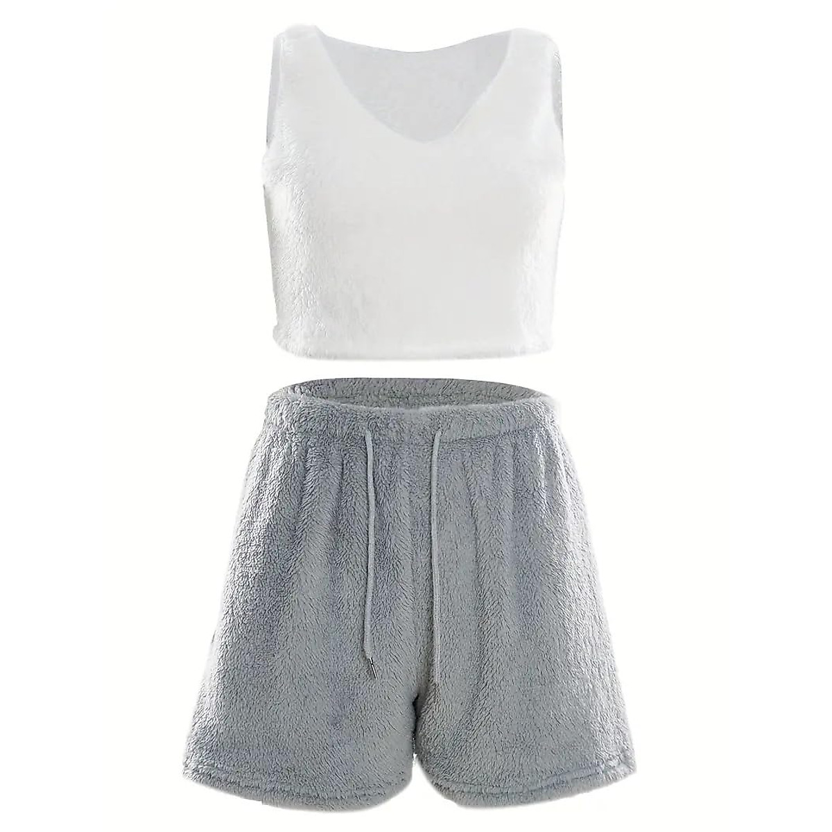 Vakkest Women's Fuzzy 3 Piece Sweatsuit Open Front Cardigan Crop Tank Tops Lounge Sets Outfit Pajamas Sherpa Outwear Nightwear