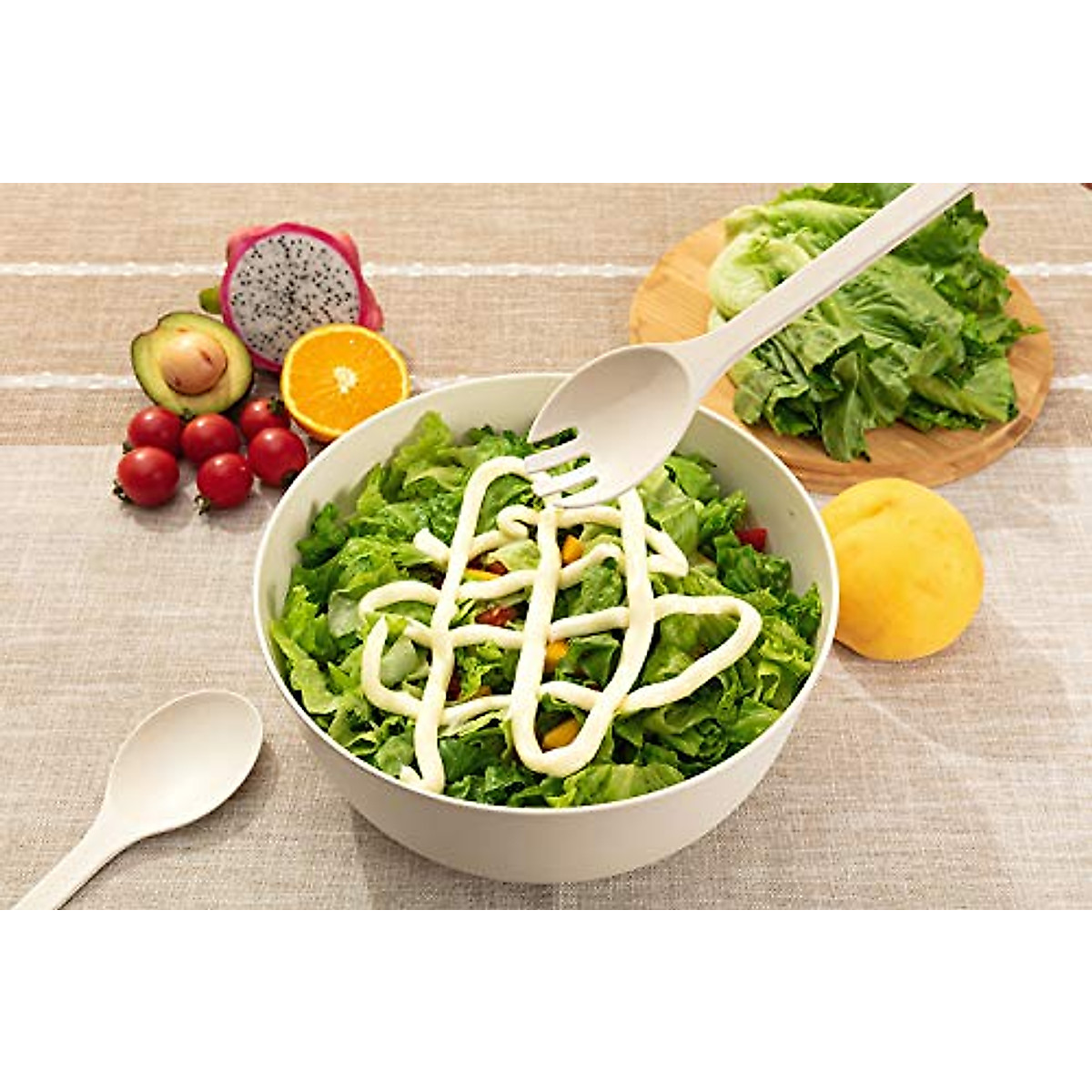 GEHE Bamboo Salad Bowl with Servers Set - Large 9.8 inches mixing bowls Solid Bamboo Salad Wooden Bowl with Bamboo Lid Spoon for Fruits,Salads and Decoration (White, 9.8INCH)