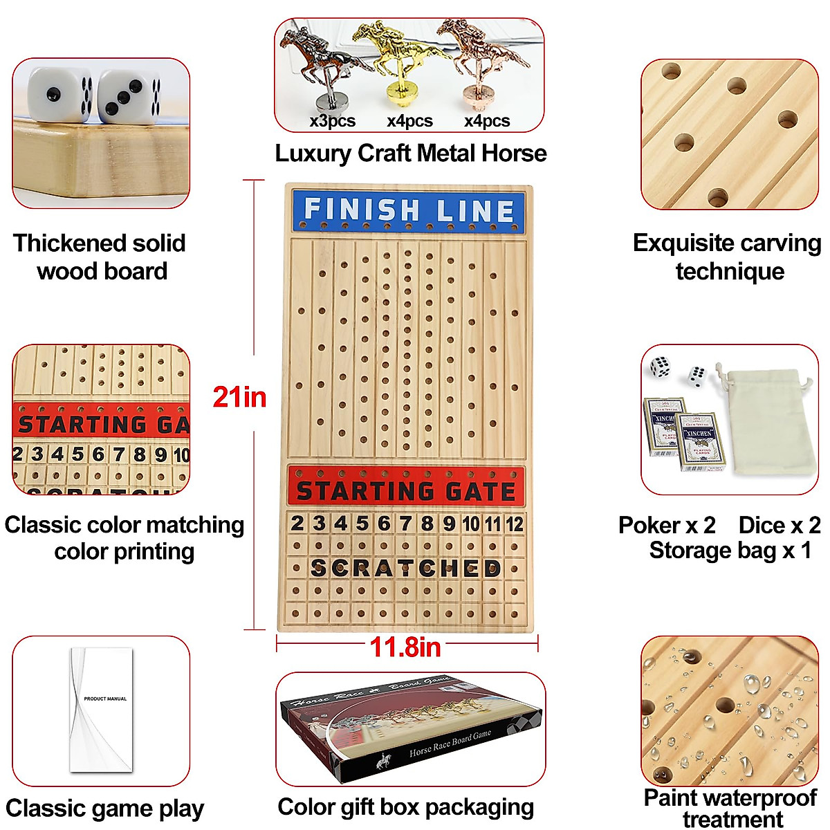 Grhonior Large 21 inches Horse Racing Board Game with 11 Luxury Metal Horses Thickened Wood Game Chessboard Including Dice and Cards FINISH LINE Race Game Board