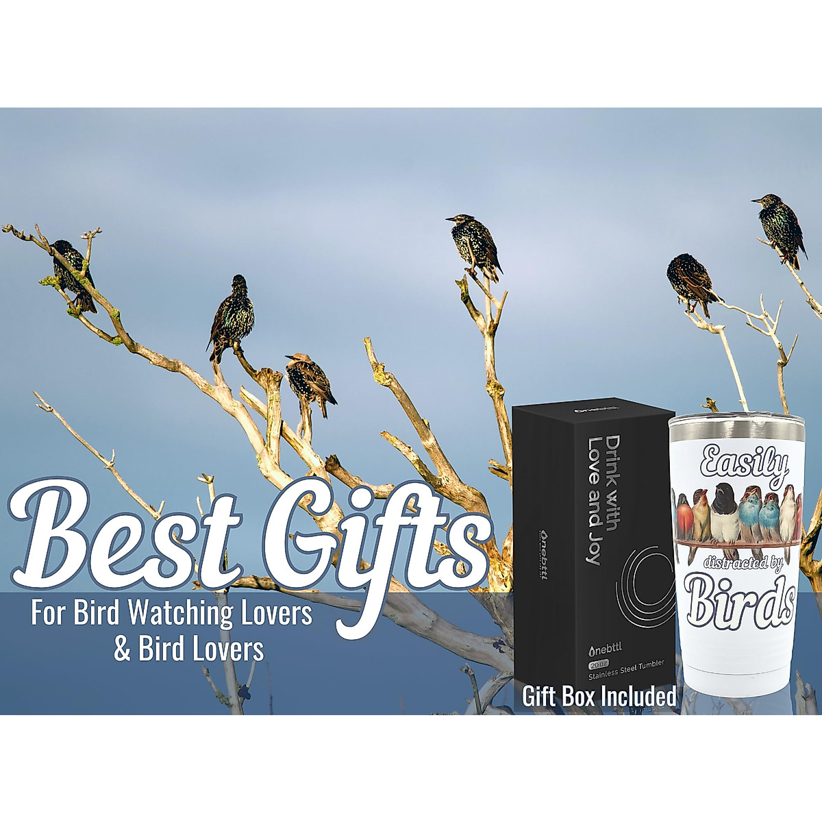 Onebttl Bird Watching Tumbler for Lovers & Watchers, 20oz Stainless Steel Insulated With Lid & Straw, Gift Card & Box Included, Birthday Gift - 360 White