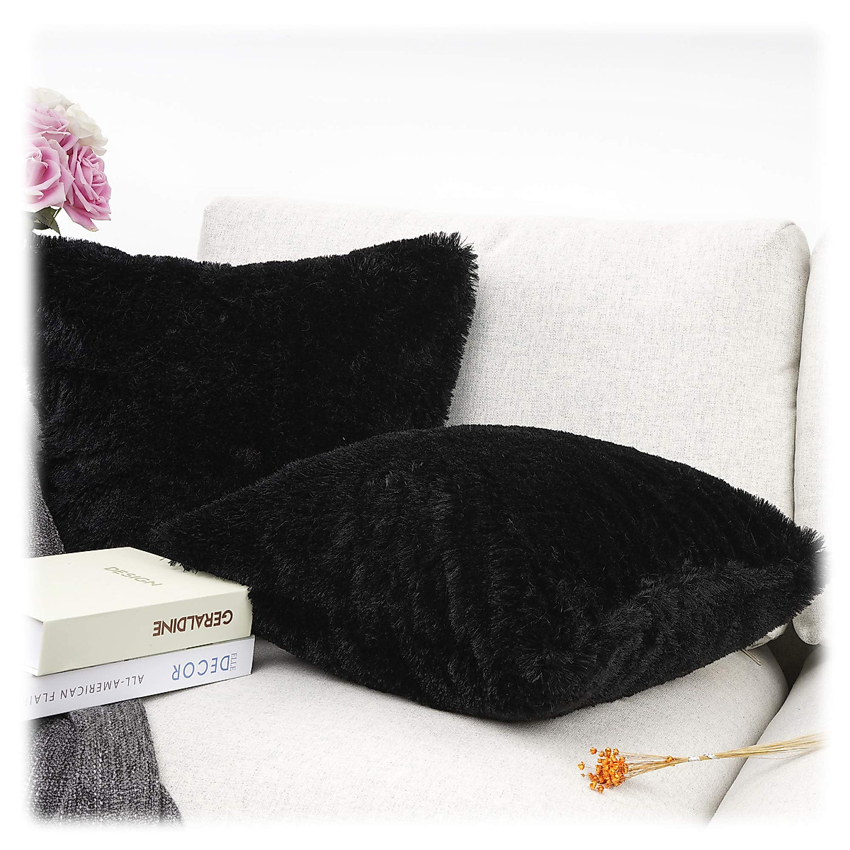 YOUR SMILE Pack of 2, Decorative New Luxury Series Merino Style Fur Throw Pillow Case Cushion Cover 18" x 18"(Black)