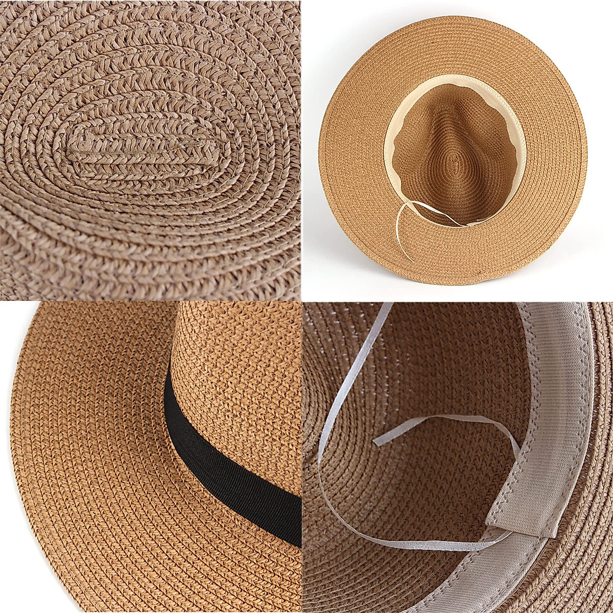 3 Pieces Straw Fedora Wide Brim Panama Hat Summer Beach Sun Hat for Women Men Multicolor