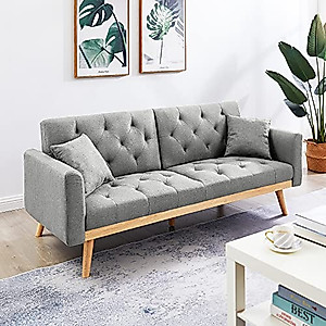 AWQM Convertible Sofa Bed, Fabric Linen Folding Futon Sofa Bed,Upholstered Loveseat Futon Couch Bed,Adjustable Couch Sleeper w/Wood Legs,Pull Out Couch for Small Space, Living Room,Office,Light Grey