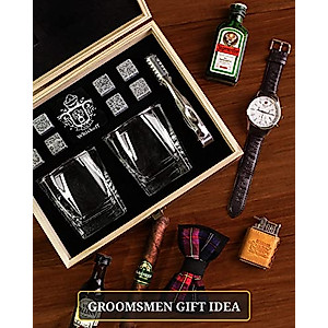 Whiskey Glass Set of 2 - Old Fashioned Whiskey Includes Square Crystal Whiskey Glasses, Chilling Rocks, Slate Coasters - Bourbon Glass set Old Fashioned - Birthday gifts men women, 40th birthday, 50th