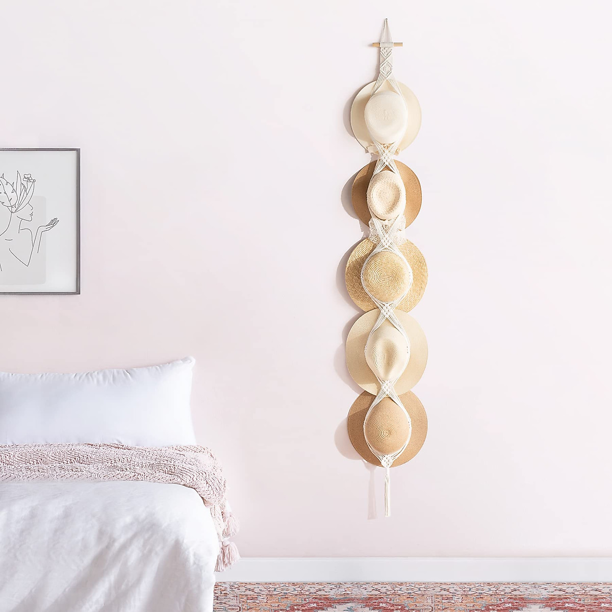 Dahey Macrame Hat Hangers Hat Rack for Wall Cowboy Hat Organizer Hanging Display Hand Weaving Bobo Hat Holder Western Decor for Wide Brim Hats Bowler Fedora Hats, 5 Hats Style