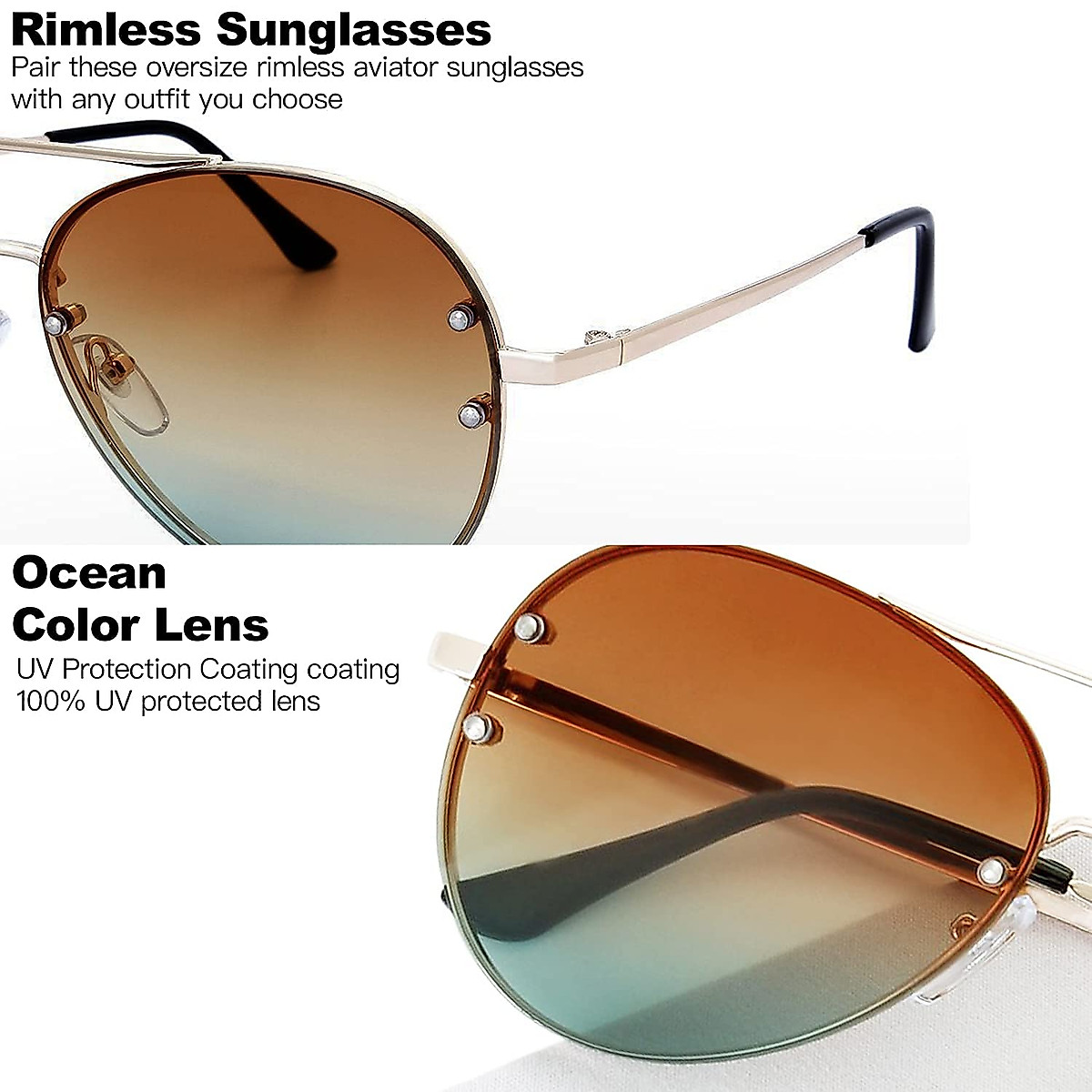 The Fresh Oversize Rimless Double Crossbar Ocean Color Lens Aviator Sunglasses 61mm Gift Box (5-Gold, Brown/Green)