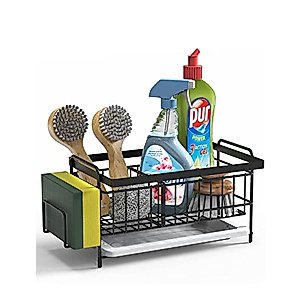 FixOwl Sink Caddy Kitchen Sink Organizer Sponge Holder for Kitchen Sink Non-Slip Countertop Organizer SUS304 with Removable Tray, Black