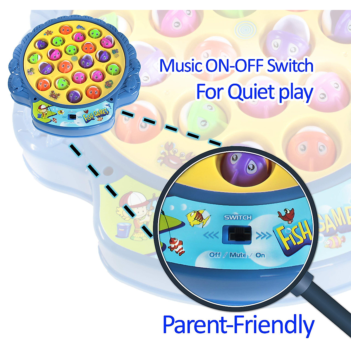 Haktoys Fishing Game for Kids and Toddlers - Rotating Fish Board with 21 Fish, 4 Poles, and Music On/Off Switch for Quiet Play Option - Fun Educational Toy for Boys & Girls