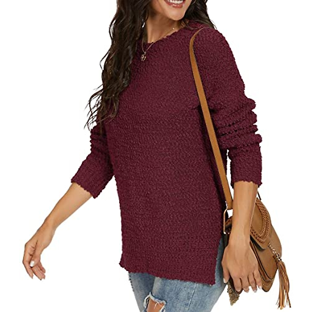 GRECERELLE Women’s Fuzzy Knitted Sweater Sherpa Fleece Side Slit Long Sleeve Loose Fit Jumper Outwears Pullover Sweater Blouse Wine Red-Mudium