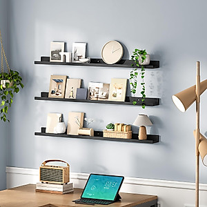 HOOBRO Floating Shelves, Wall Shelf Set of 3, 35.4 Inches Hanging Shelf with Raised Edge and Invisible Brackets, for Bathroom, Bedroom, Kitchen, Office, Living Room Decor, Black BK90BJ01