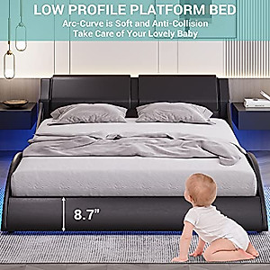 Queen Modern Upholstered Platform Bed Frame Wave-Like Curve Led Bed Frame with Headboard Low Profile Bed Frame with Smart RGB LED Lights,Faux Leather,Easy Assemble,Strong Wood Slats Support,Black