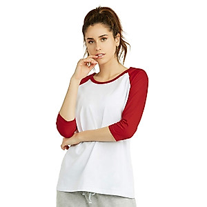 Cottonbell Women's Baseball Quarter Sleeve Tee Shirt (L, White/Red)