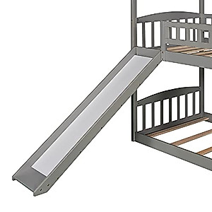 House Bunk Beds with Slide, Twin Over Twin Bunk Bed with Roof, Solid Wood Playhouse Bunk Bed for Kids Girls Boys Teens