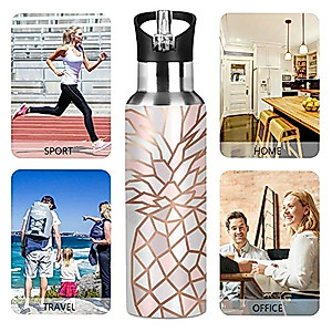 OREZI Rose Gold Pineapple On Pink And White Marble Water Bottle Thermos with Straw Lid for Boys Girls,600 ml,Leakproof Stainless-Steel Sports Bottle for Women Men Teenage