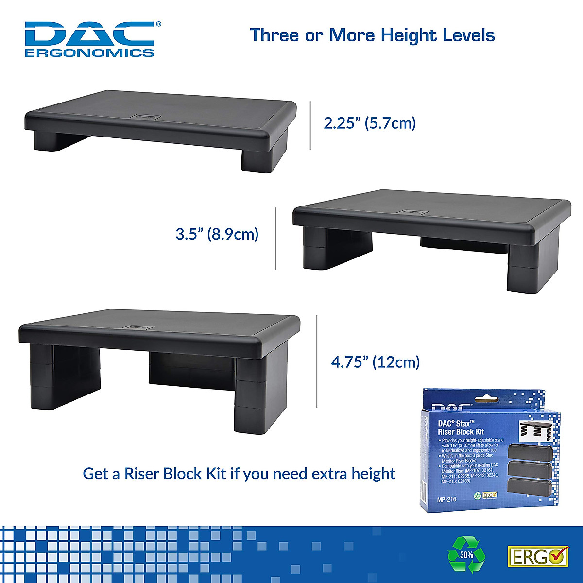 DAC STAX Computer Monitor Riser, Ultra-Sturdy Adjustable Desktop Monitor Stand, Supports up to 66 Pounds, Medium Size, 2-Pack, for Dual Monitor Setup