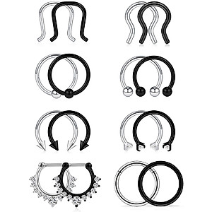 Ruifan 16PCS 16G Stainless Steel Septum Clicker Ring Piercing Nose Rings Hoop Tragus Cartilage Retainer Body Piercing Jewelry Clear CZ Silver And Black
