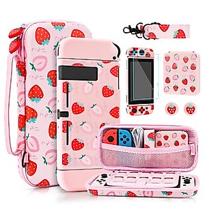 RHOTALL Cute Strawberry Carrying Case for Nintendo Switch, Hard Portable Travel Case for Switch Accessories with Protective Shell, Shoulder Strap, Game Card Case, Screen Protector and 2 Thumb Caps