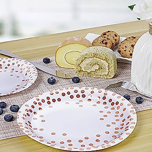 ROSINL Disposable Paper Plates 100 Pack White and Rose Gold Dots Paper Plates 50 x 9 and 50 x 7 Dinner Plates, Foil Polka Dots Paper Plates for Wedding Bridal Shower Engagement Birthday Parties