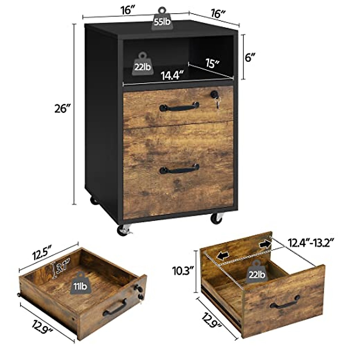 Yaheetech Mobile File Cabinet with 2 Drawers and Open Compartment, Under Desk Vertical File Cabinet with Lockable Wheels for A4, Letter Size Hanging File Folders Printer Stand for Home Office