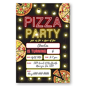 LoaHak Pizza Birthday Invitation, Glow Birthday Invitations, Pizza Birthday Party Invitations, Glow Neon Party Favors Neon Party Invites Cards. (075)