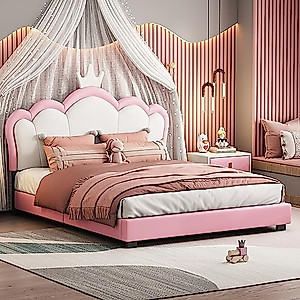 GYYBED Full Size Upholstered Princess Bed with Crown Headboard,Full Bed Frames for Girls Full Bed Frame Girl Full Size Bed Frames for Girls Full Bed Frames for Kids (White+Pink, Full)