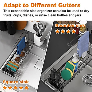 Sponge Holder for Kitchen Sink Telescopic Sink Storage Rack, Expandable for Sponge Brush Soap Dish Cloth Rag 16.7" to 21.3"(201 Stainless Steel) (Black Upgrade)