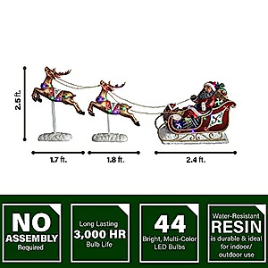 Fraser Hill Farm Flying Reindeer and African American Santa in Sleigh Figurine | Christmas Statue Includes Built-in LED Lights | Great Holiday Decoration | FFRS000-SC1-RDAA, Red