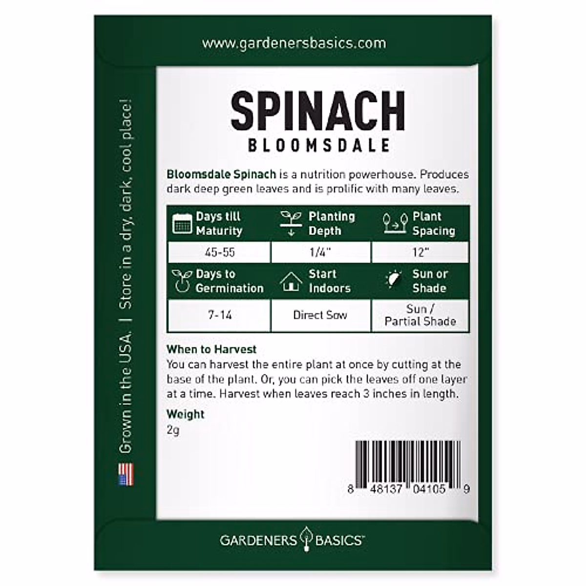 Bloomsdale Spinach Seeds for Planting is A Great Heirloom, Non-GMO Vegetable Variety- Great for Indoor, Outdoor and Hydroponics Gardening by Gardeners Basics