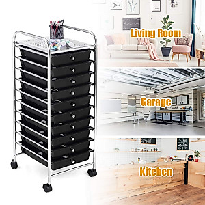 RELAX4LIFE Storage Cart W/10 Drawers,Rolling Wheels Semi-Transparent Multipurpose Mobile Rolling Drawer Cart for School, Office, Home, Beauty Salon Files Arrangement Storage Organizer Cart (Black)