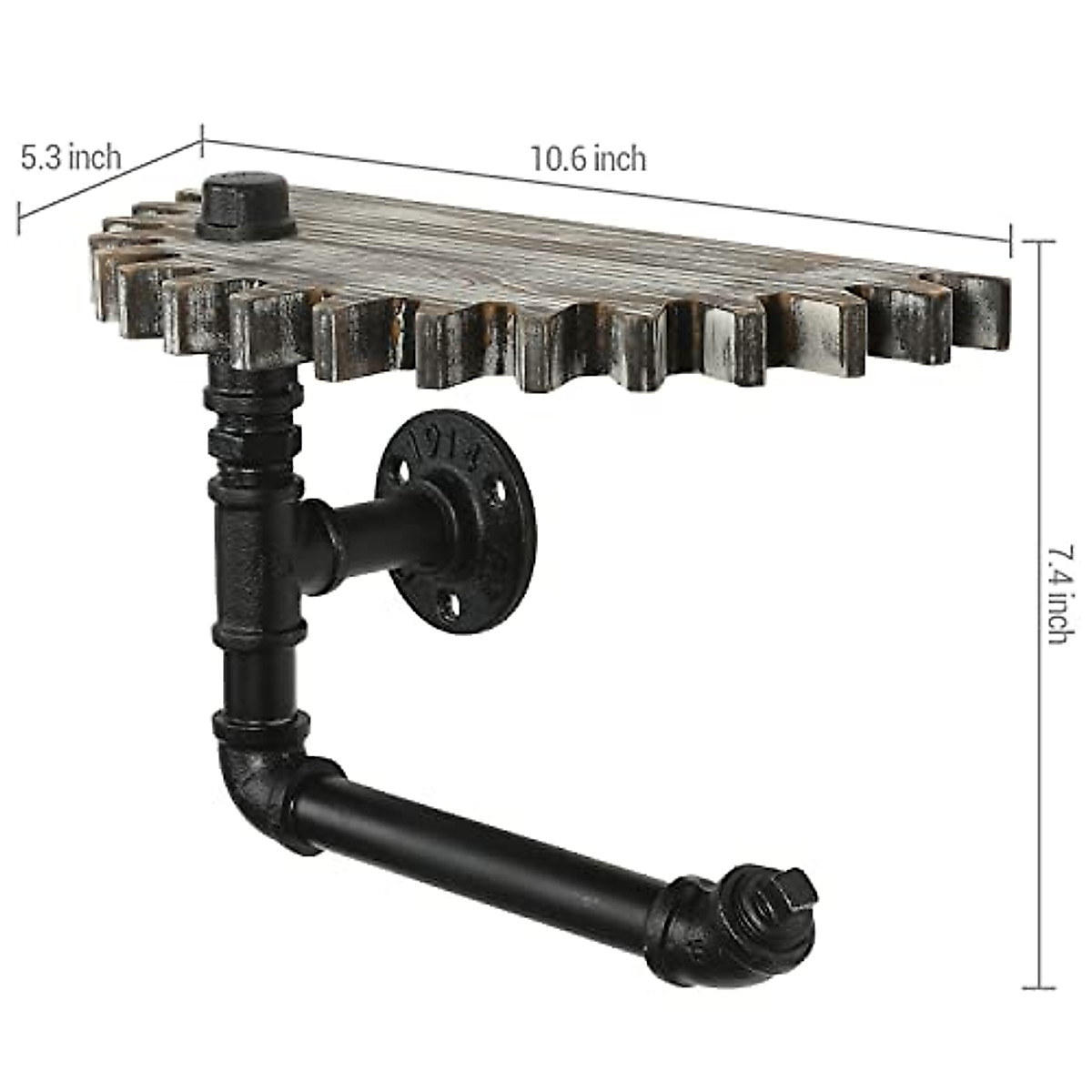 MyGift Wall Mounted Torched Wood Small Floating Shelf with Steampunk Gear Design and Realistic Industrial Metal Pipe Wall Bracket, Hanging Display Shelf Rack