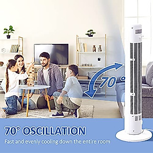HOMCOM 37.75" 70° Oscillating Tower Fan Cooling for Bedroom with 3 Speeds, 12H Timer, LED Panel, and Remote Control, White
