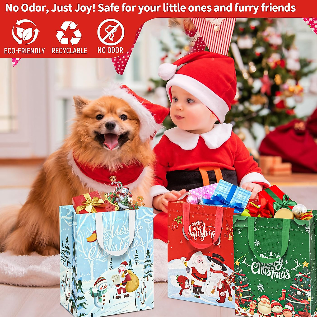 DECHISY 12Pack Small Christmas Gift Bags, Non-woven Reusable Christmas Bags,12 Different Style Christmas Tote Bags with Handles, Holiday Gift Bags for Christmas Presents, Kids, Xmas Party Favors