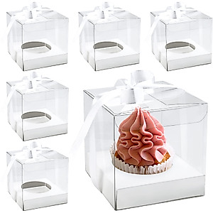 GothaBach 20 Pcs Clear Cupcake Containers with Ribbons, 3.5'' Clear Boxes for Cupcakes, Wedding Party Cupcake Carriers with Inserts and Ribbon, Clear Cupcake Display Boxes (White)