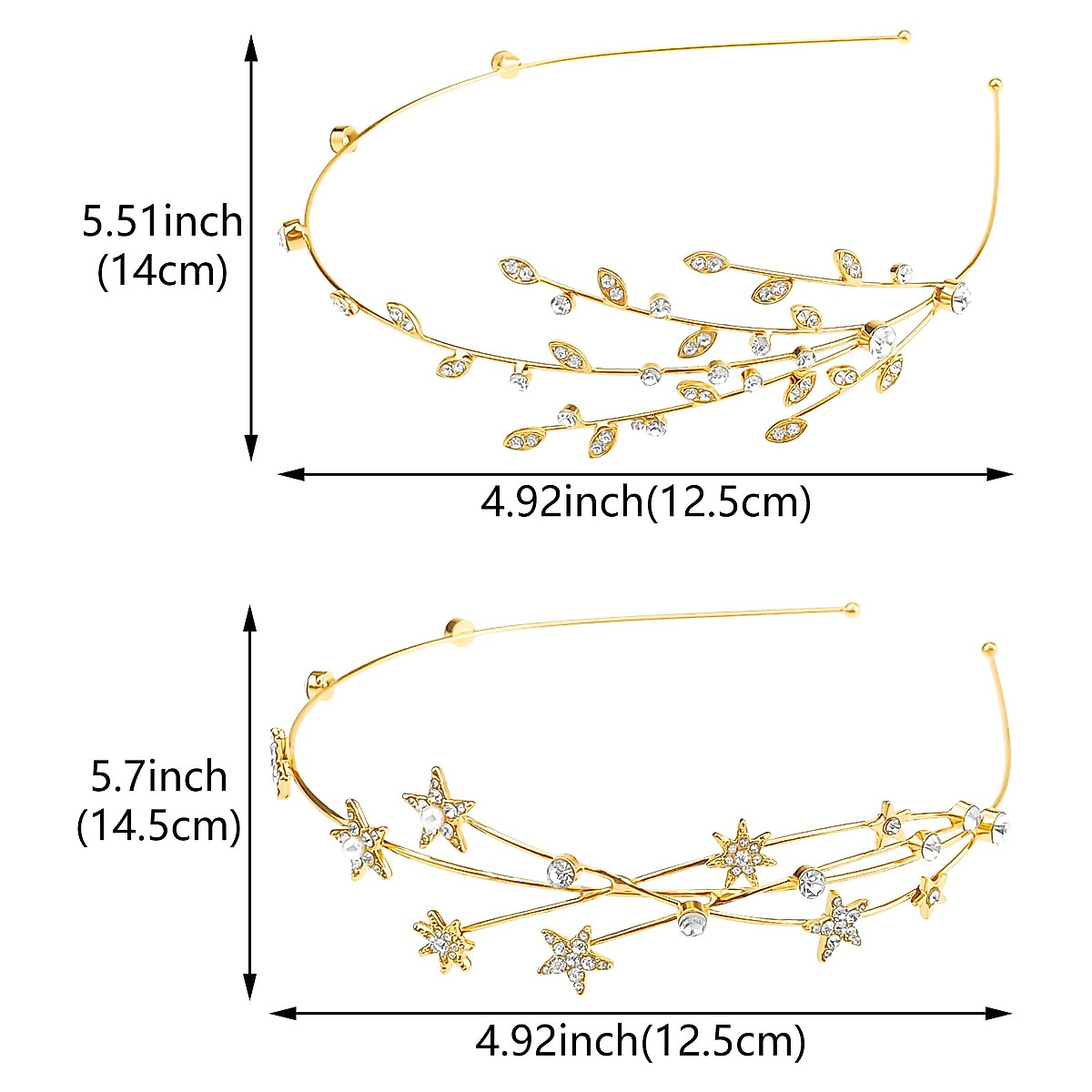 Aswewamt 2 Pcs Gold Rhinestone Alloy Five-pointed Star Headbands Bridal Hair Hoop Decorative Headpiece Wedding Hair Accessories Ornaments for Elegant Women Girls