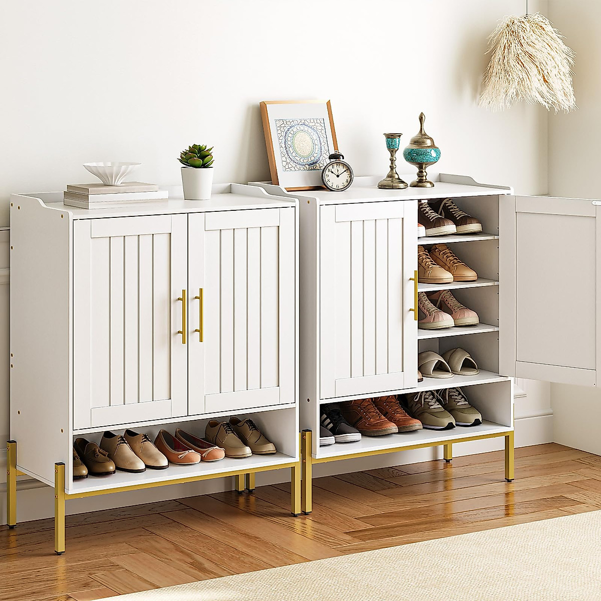 HOOBRO Shoe Cabinet, 5-Tier Shoe Storage Cabinet, Shoe Cabinet Storage for Entryway, Shoe Organizer Cabinet with 3 Adjustable Shelves for Hallway, Living Room, Gold and White DW41SC01